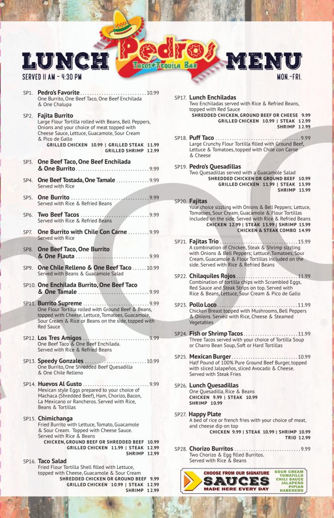 MENU – Pedros Tacos + Tequila Bar – HARAHAN