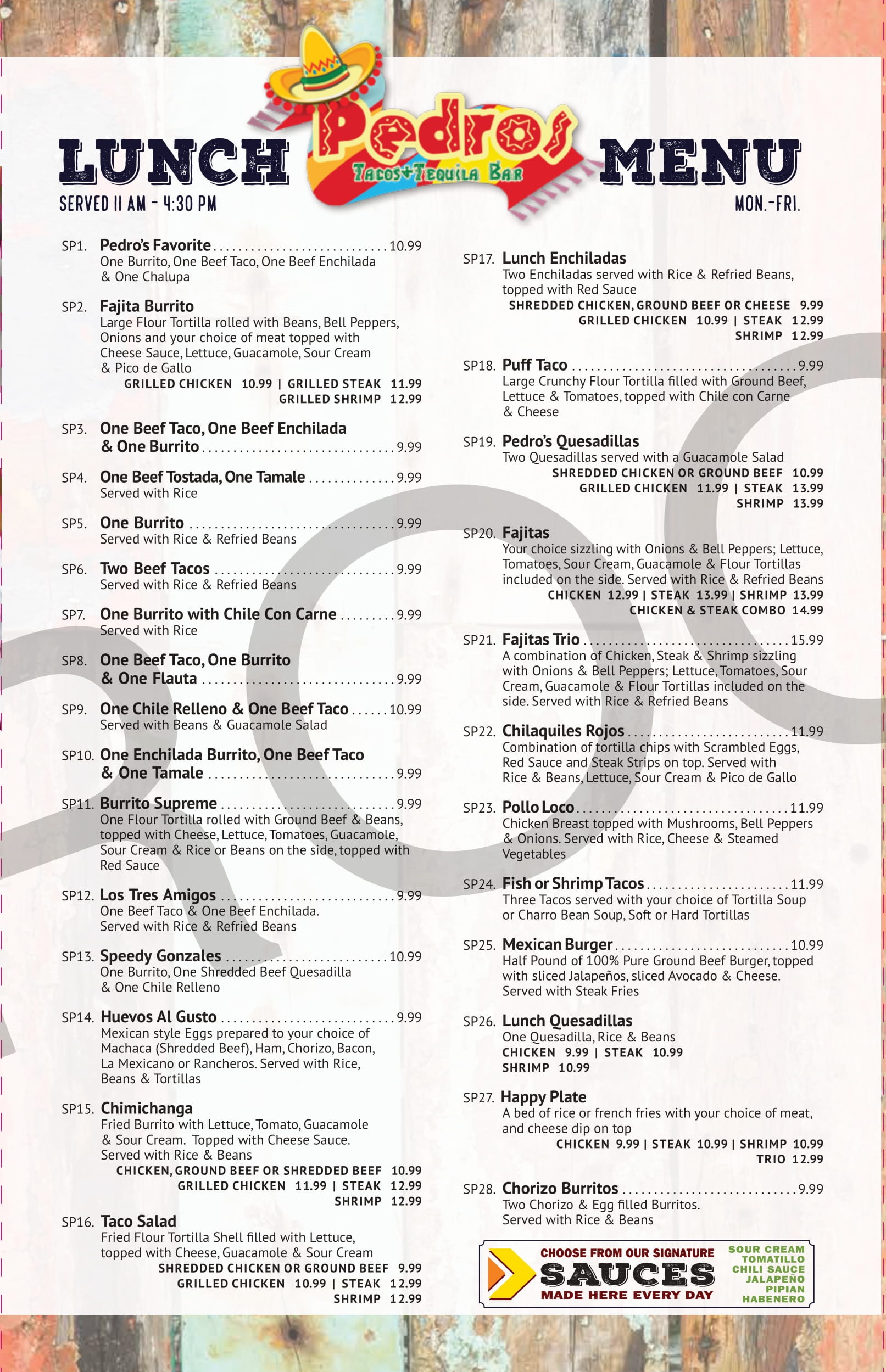 MENU – Pedros Tacos + Tequila Bar – HARAHAN