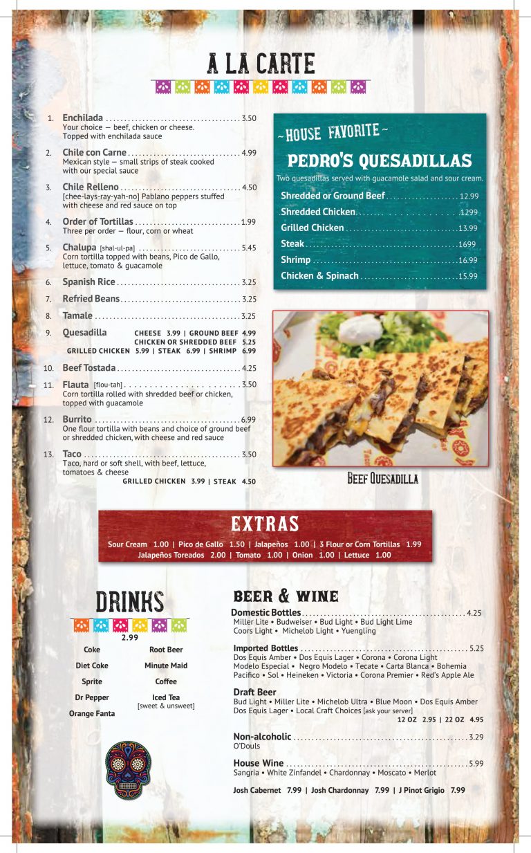 MENU – Pedros Tacos + Tequila Bar – HARAHAN